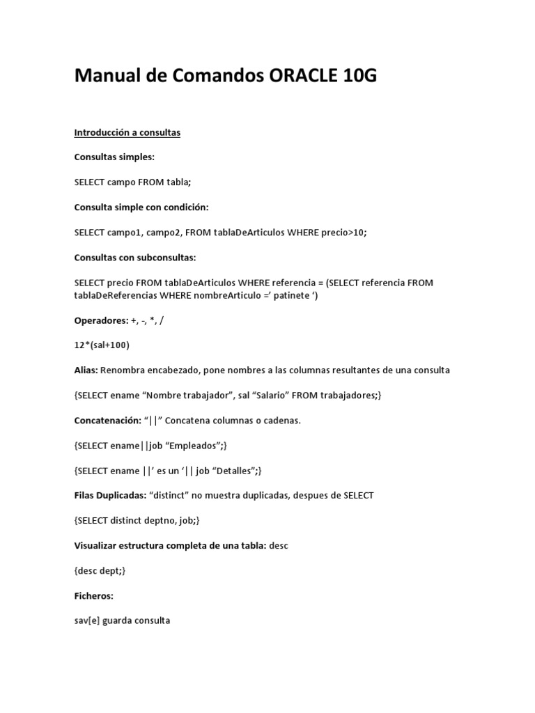Guía de Comandos ORACLE 10G | PDF | SQL | Tabla (base de datos)