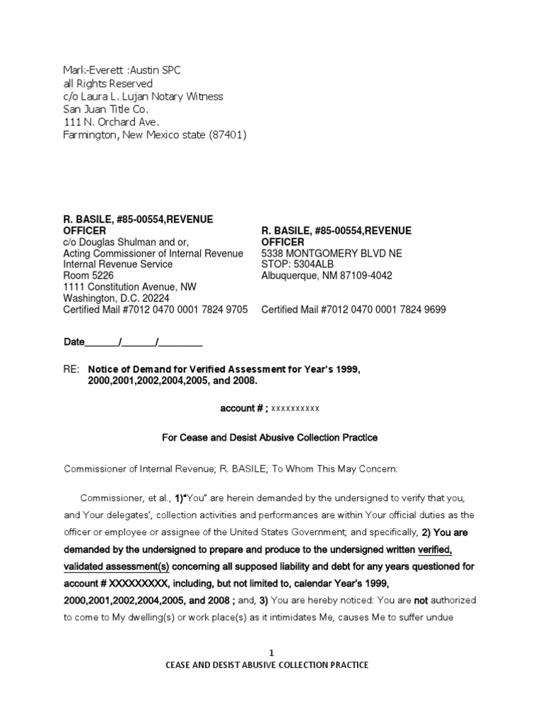 Cover Letter Cease and Desist Abusive Collection IRS Scrubbed | PDF ...