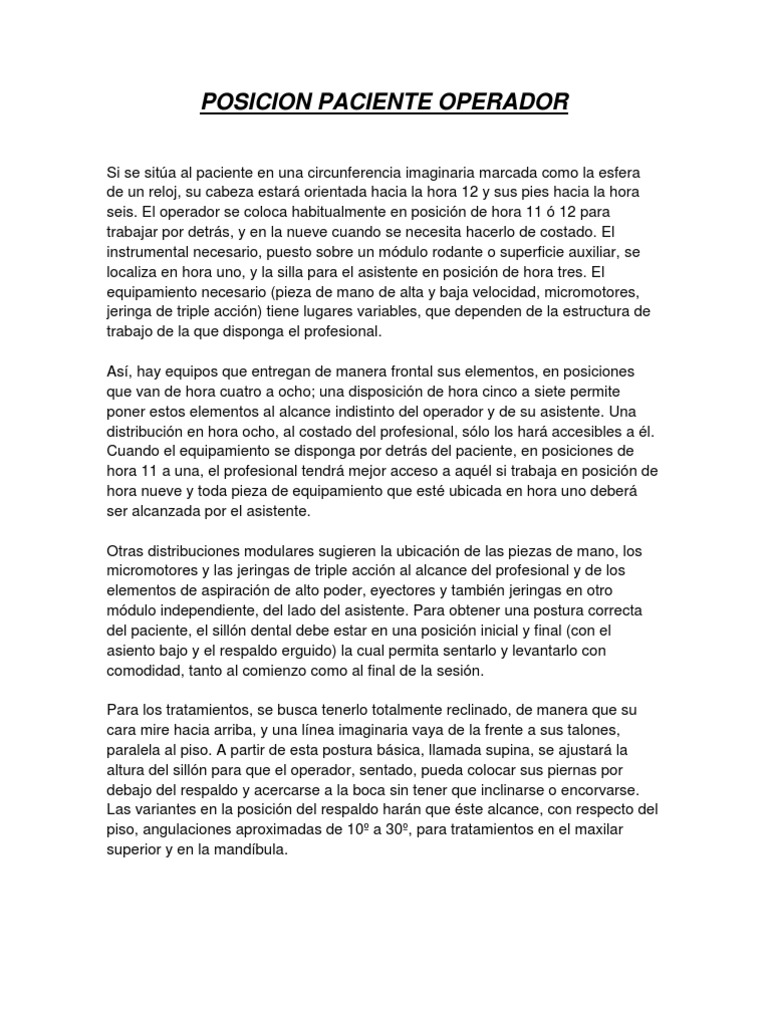 Posicion Paciente Operador y Exodoncia | PDF | Ortodoncia | Odontología