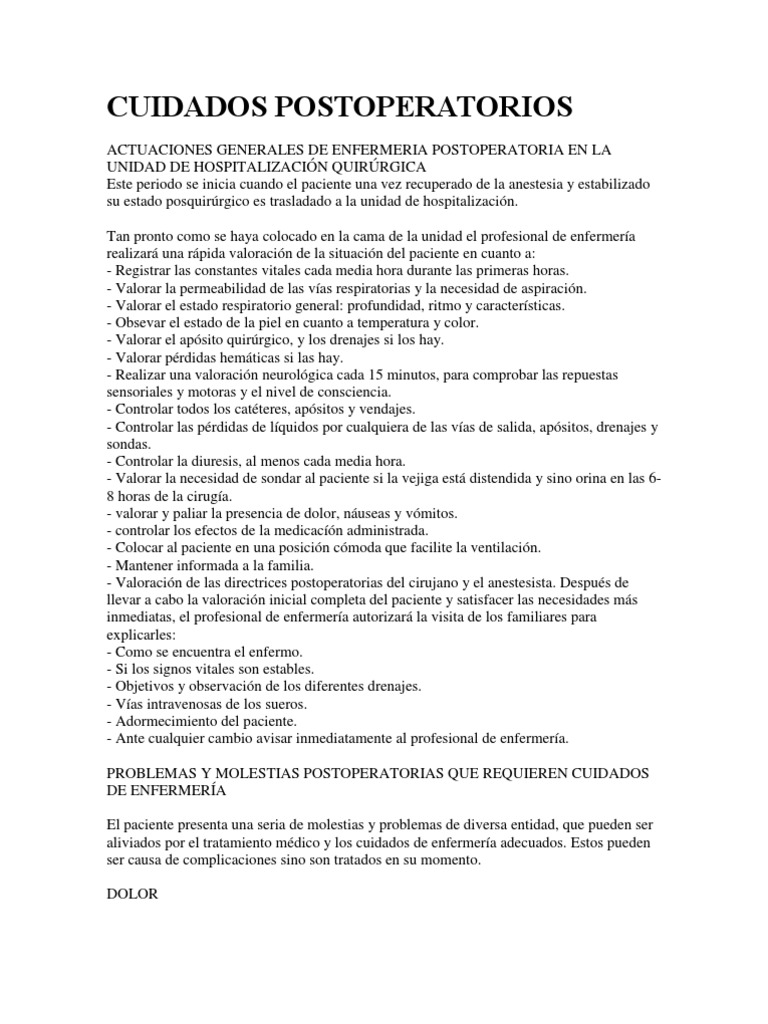 CUIDADOS POSTOPERATORIOS | Enfermería | Dolor