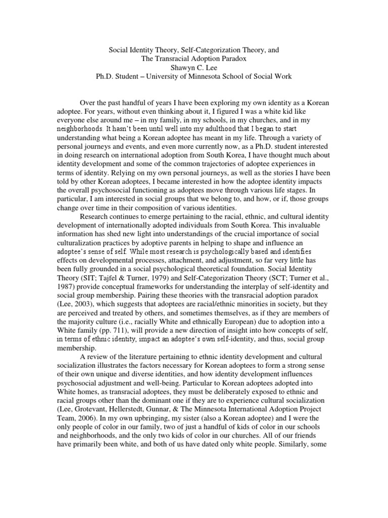 Social Identity Theory Self Categorization Theory And The Transracial Adoption Paradox Pdf