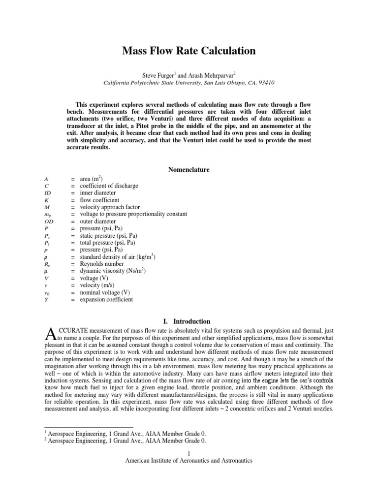 Evaluating Methods for Measuring Mass Flow Rate: A Comparison of Inlet ...