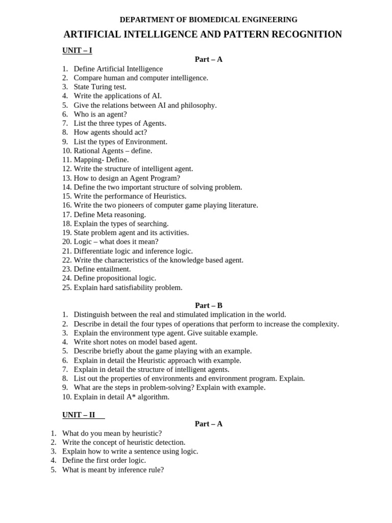 Artificial Intelligence and Pattern Recognition Question Bank | PDF ...