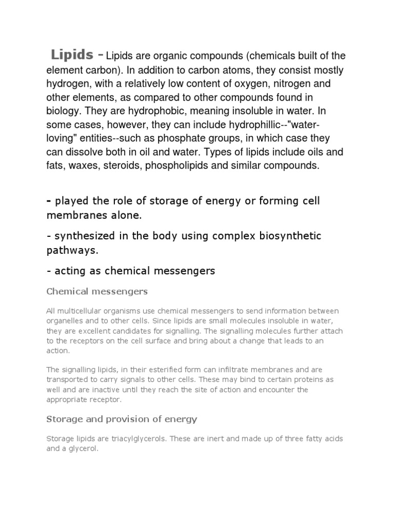 Lipids - : - Played The Role of Storage of Energy or Forming Cell | PDF ...