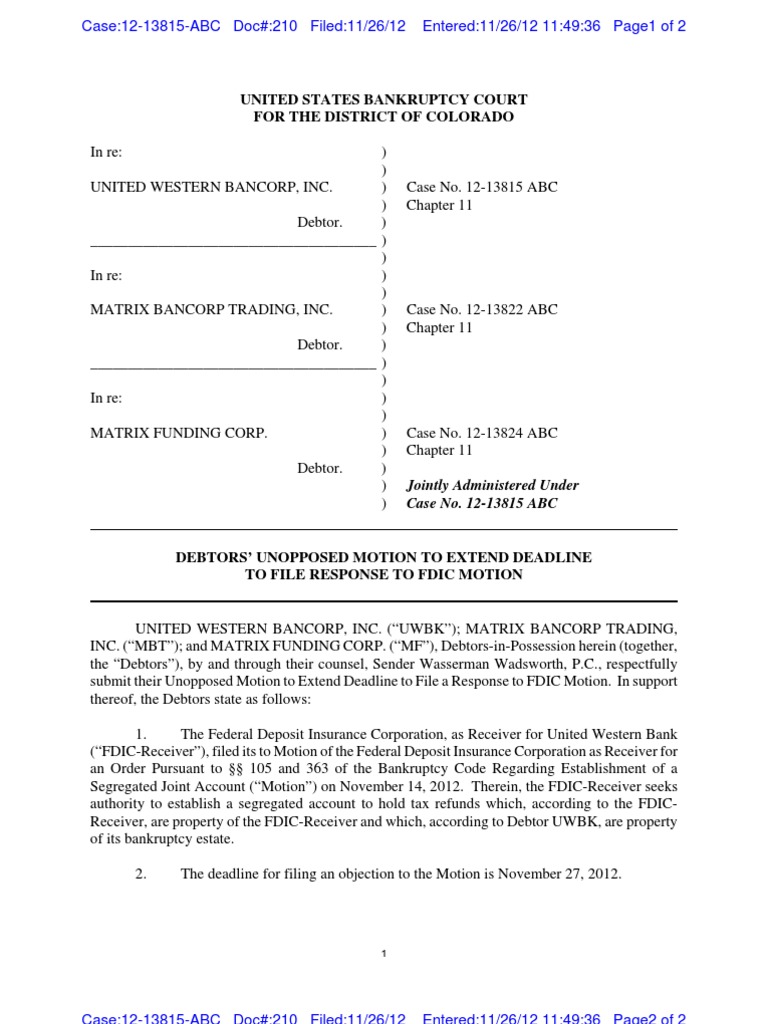UNOPPOSED MOTION TO EXTEND DEADLINE TO FILE RESPONSE TO FDIC MOTION ...