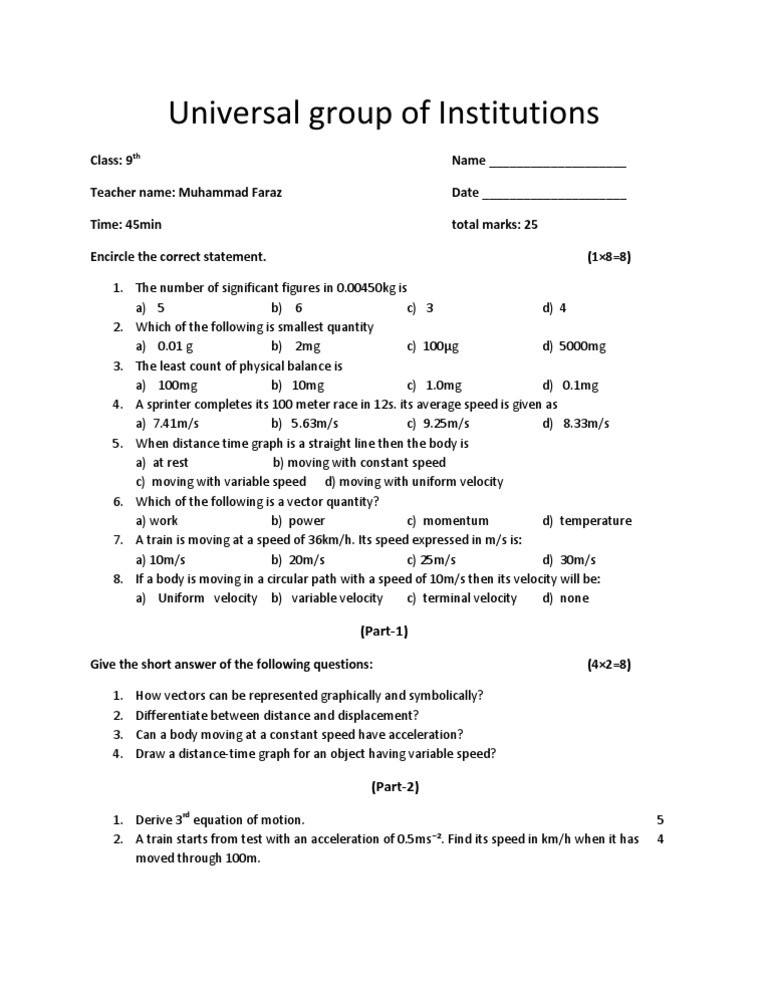 9th Grade Physics Quiz | PDF | Science & Mathematics