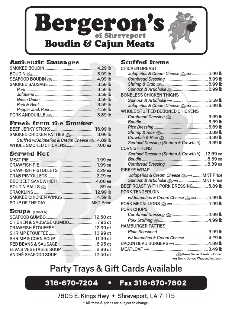 Bergeron's Boudin & Cajun Menu Prices | PDF | Foods