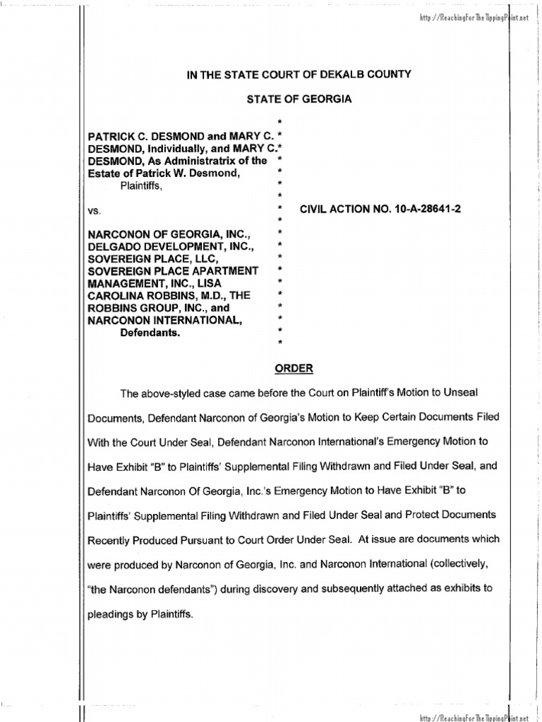 Judge Orders Documents Unsealed - Desmond-vs-Narconon | PDF | Lawsuit ...