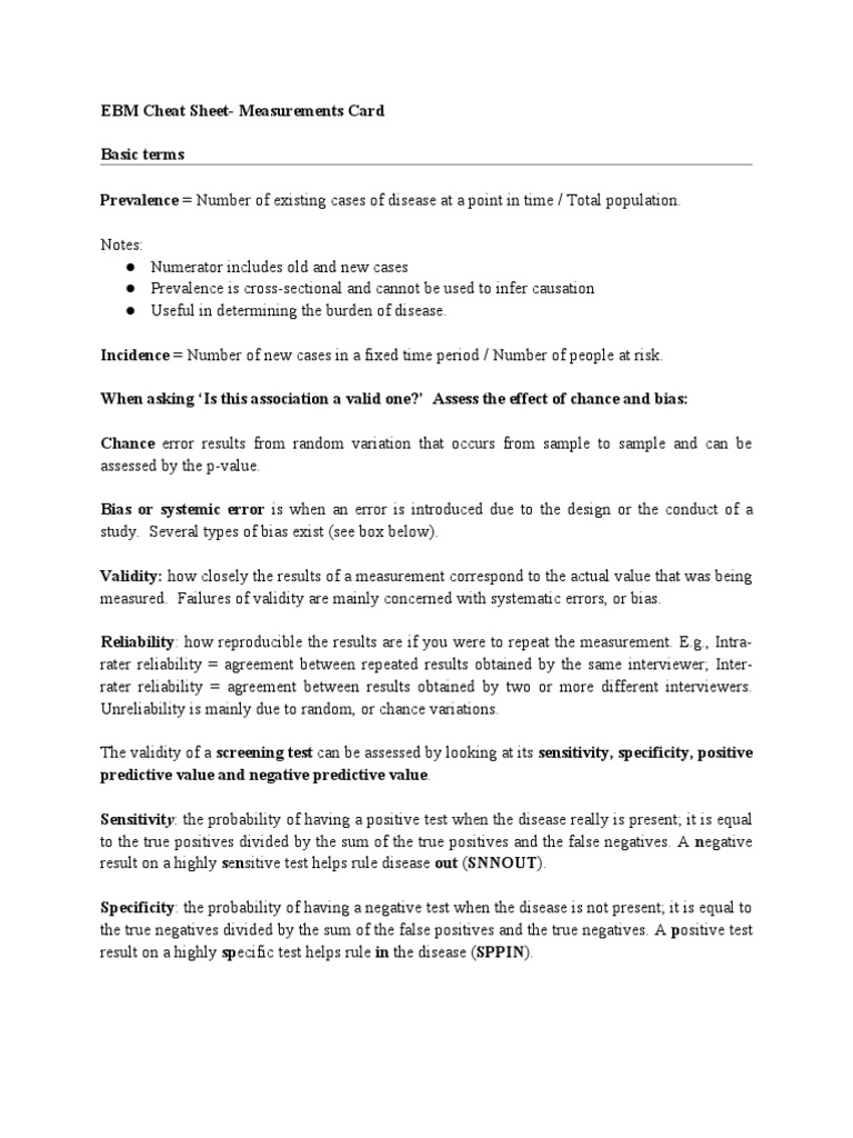 EBM Cheat Sheet | PDF | Variance | Statistics