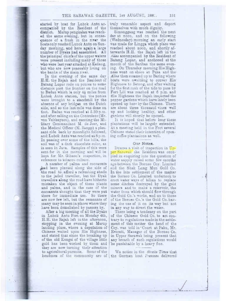 1887 Sarawak Gazette Upper Sarawak News | PDF | Nature