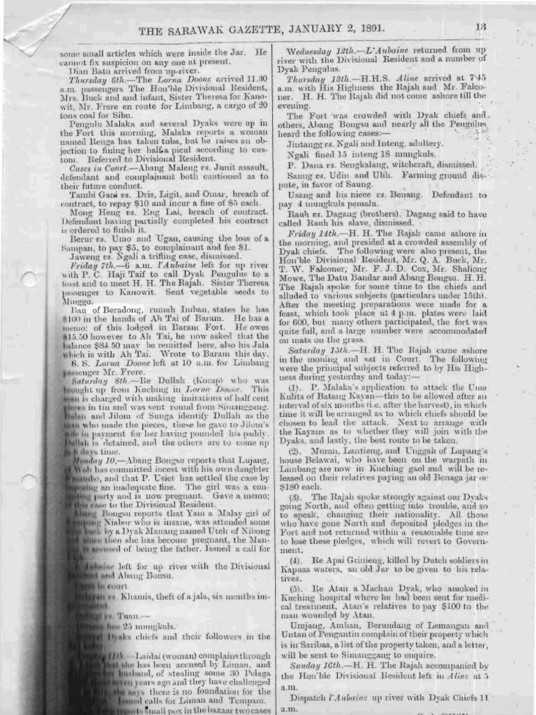 Sarawak Gazette 1891 Upper Sarawak News | PDF