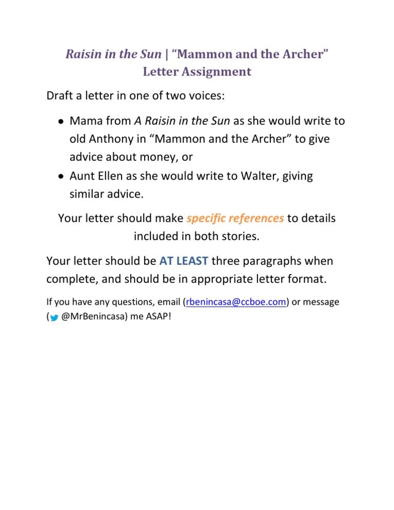 Letter Writing Assignment: A Raisin in the Sun | PDF