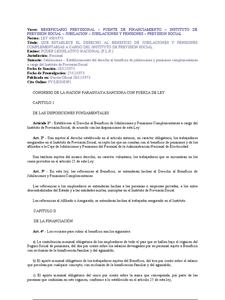 Ley 430 - 73 | PDF | Jubilación | Pensión