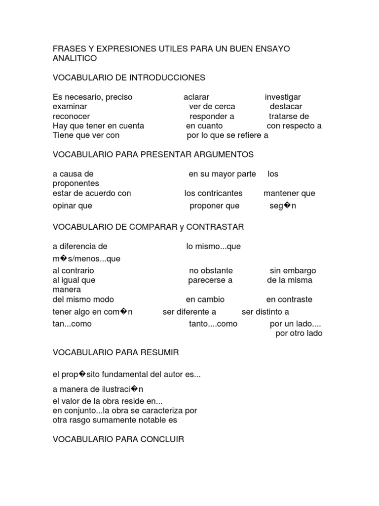 Frases y Expresiones Utiles para Un Buen Ensayo Analitico | PDF