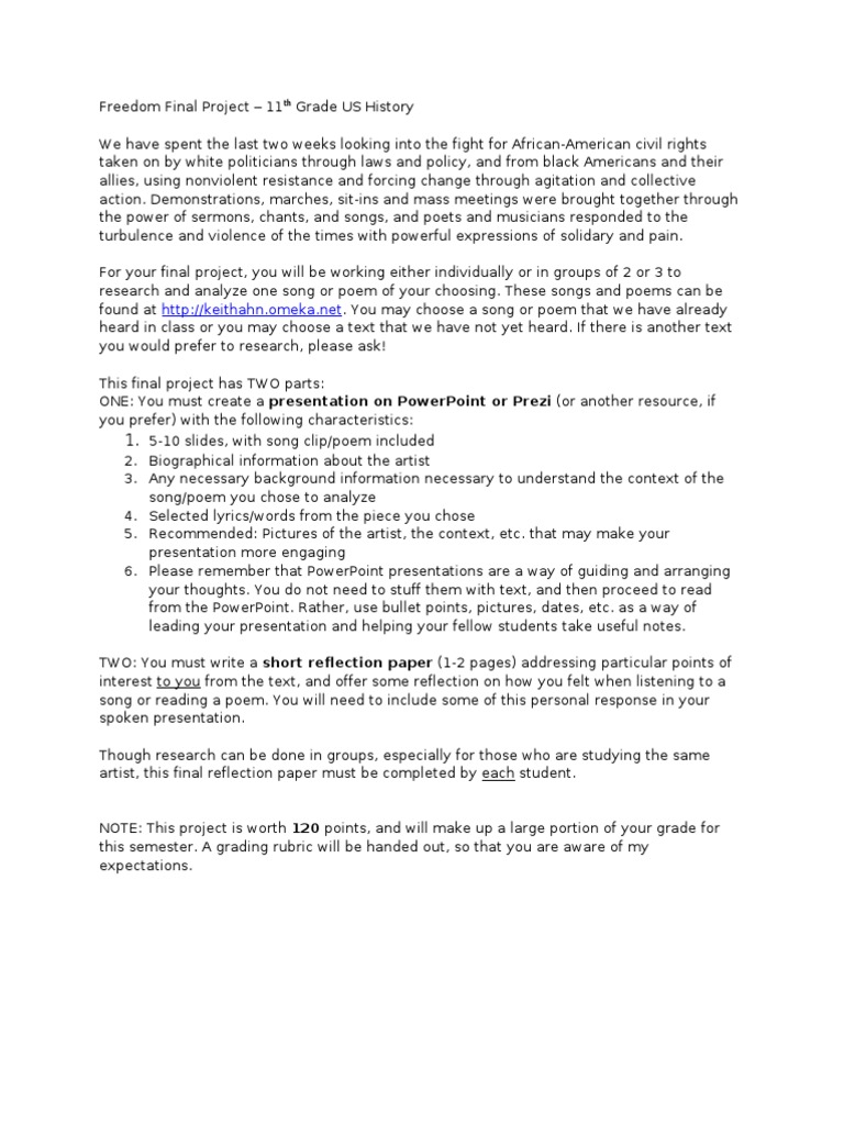 Freedom Is A Constant Struggle Final Project Guidelines and Rubric ...