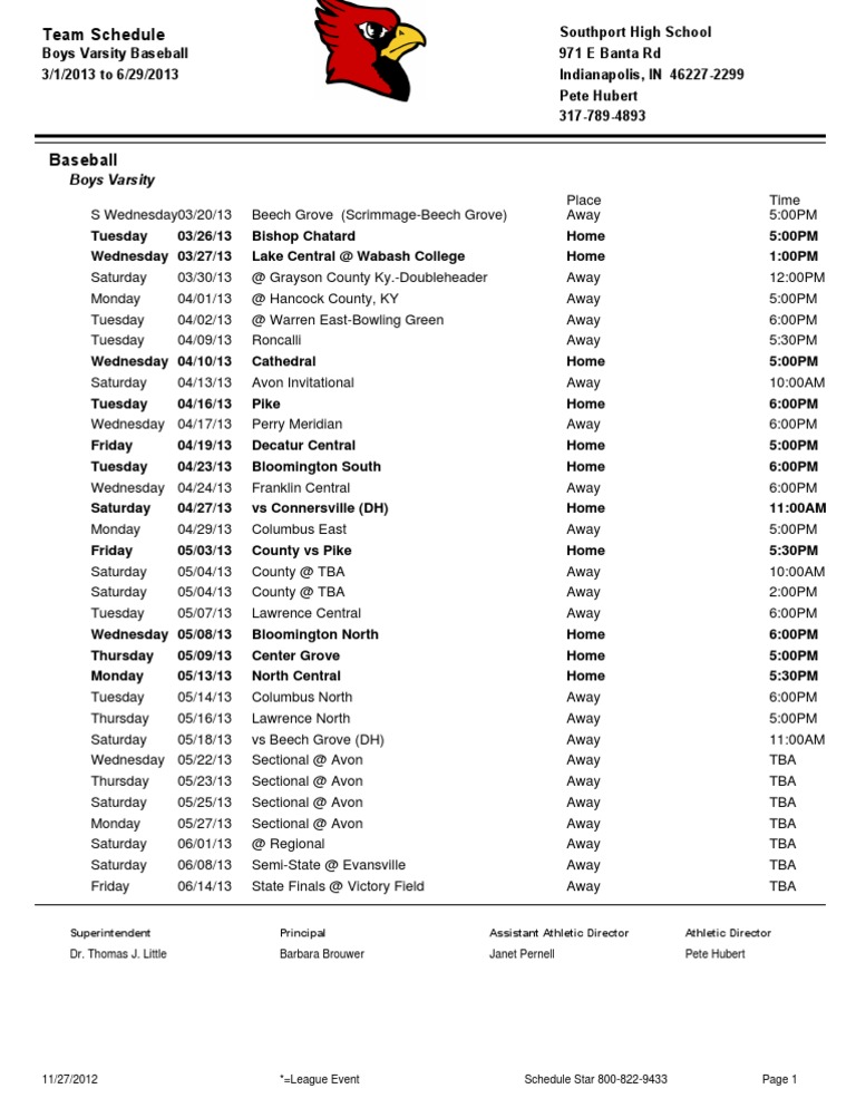 Southport High School Baseball Schedule | PDF