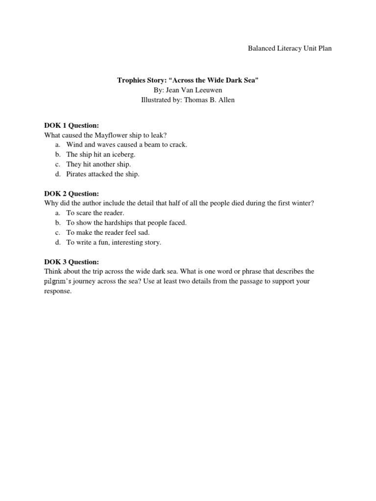 Trophies Story: "Across The Wide Dark Sea" Unit DOK Lesson Plans | PDF ...