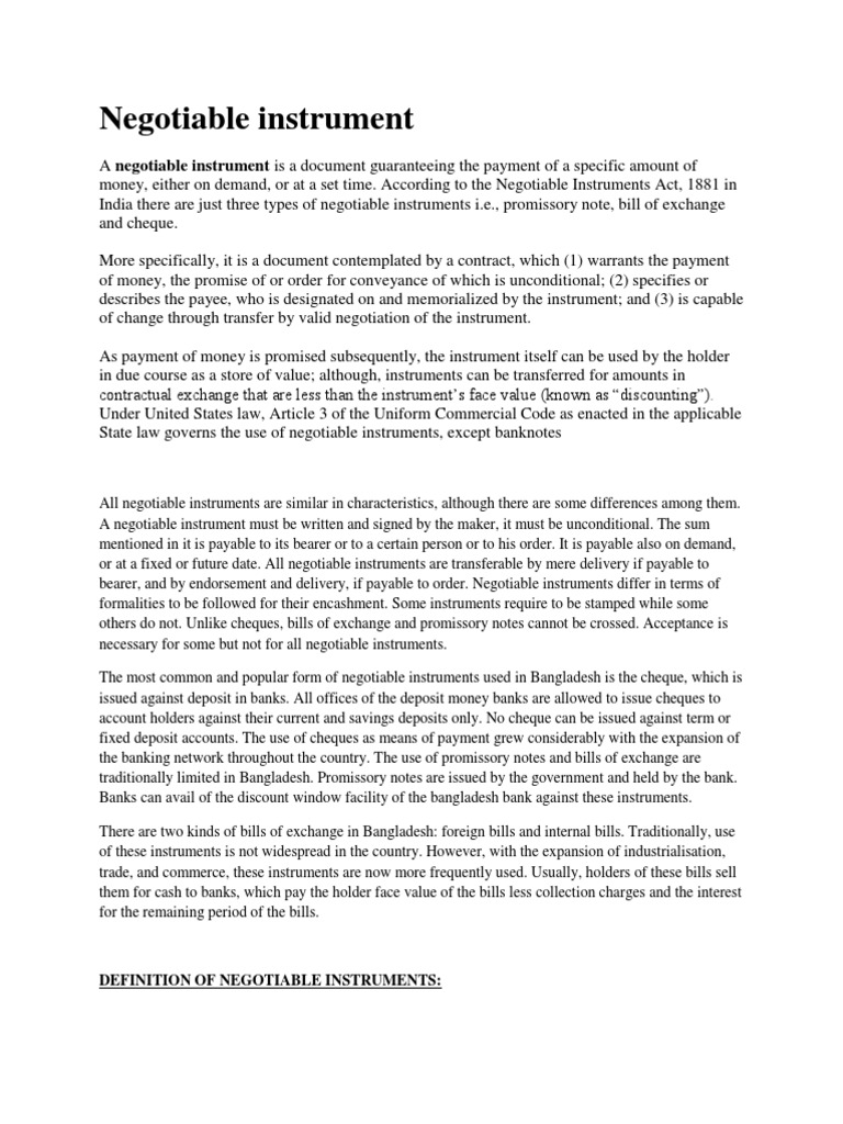Negotiable Instrument: Definition of Negotiable Instruments | PDF | Negotiable Instrument ...