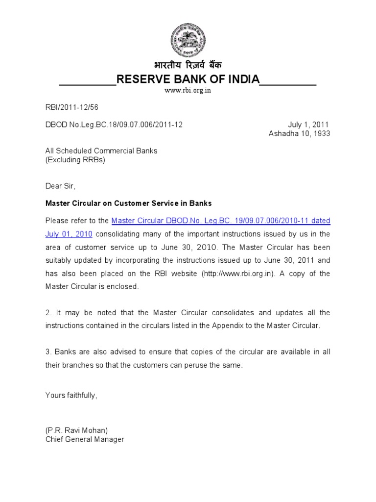 RBI Master Circular on Customer Service 2011 | PDF | Cheque | Financial ...