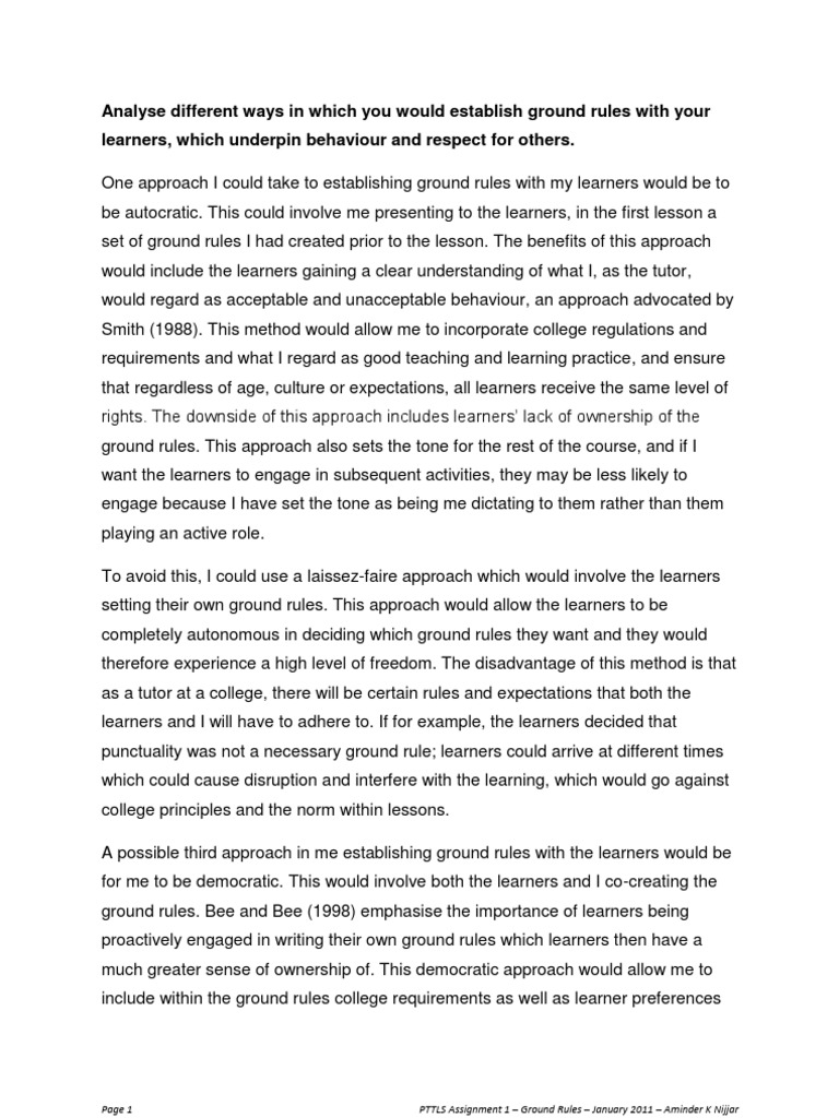 PTLLS - Assignment - Ground Rules | PDF | Behavior Modification | Psychological Concepts