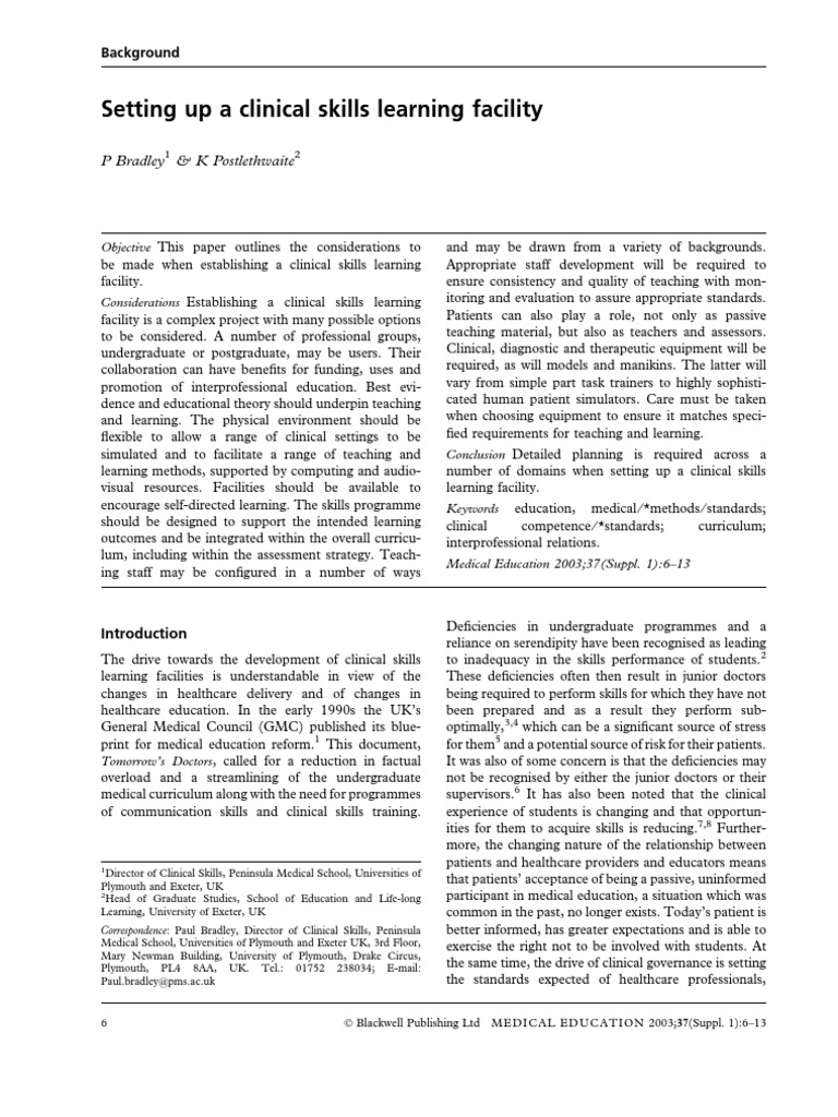 Setting Up A Clinical Skills Learning Facility: P Bradley & K ...