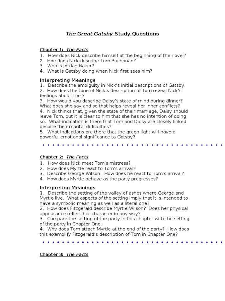 The Great Gatsby Study Questions | PDF | The Great Gatsby