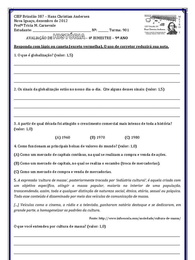 Avaliacao Historia 9 Ano | PDF