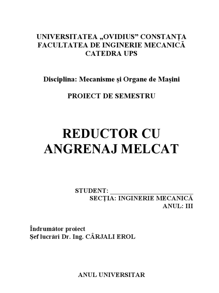 Proiect Reductor Cu Angrenaj Melcat | PDF