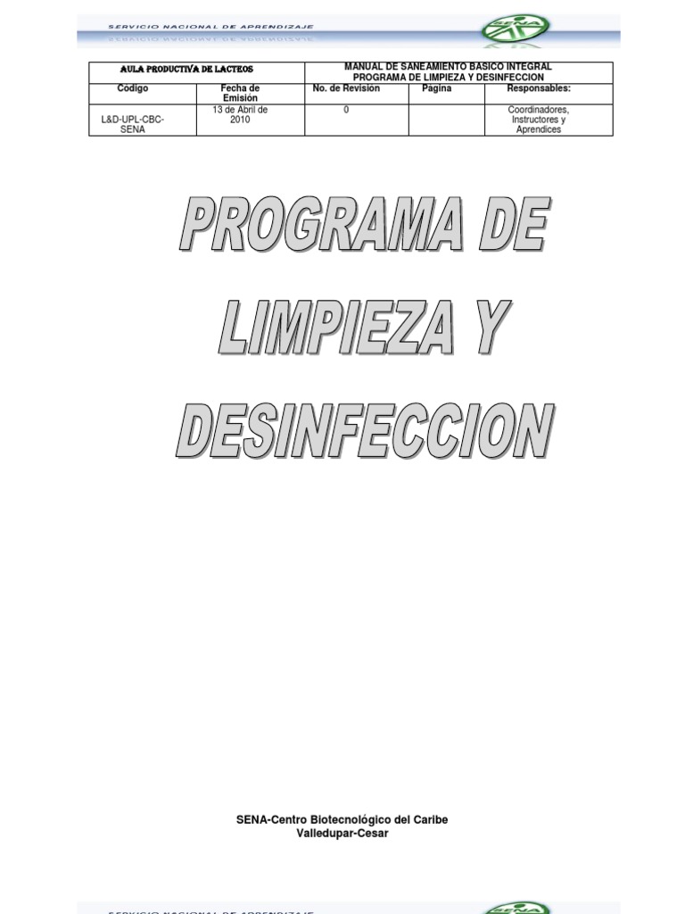 Programa de Limpieza y Desinfeccion Sena-Cbc | Descargar gratis PDF | Detergente | Alimentos