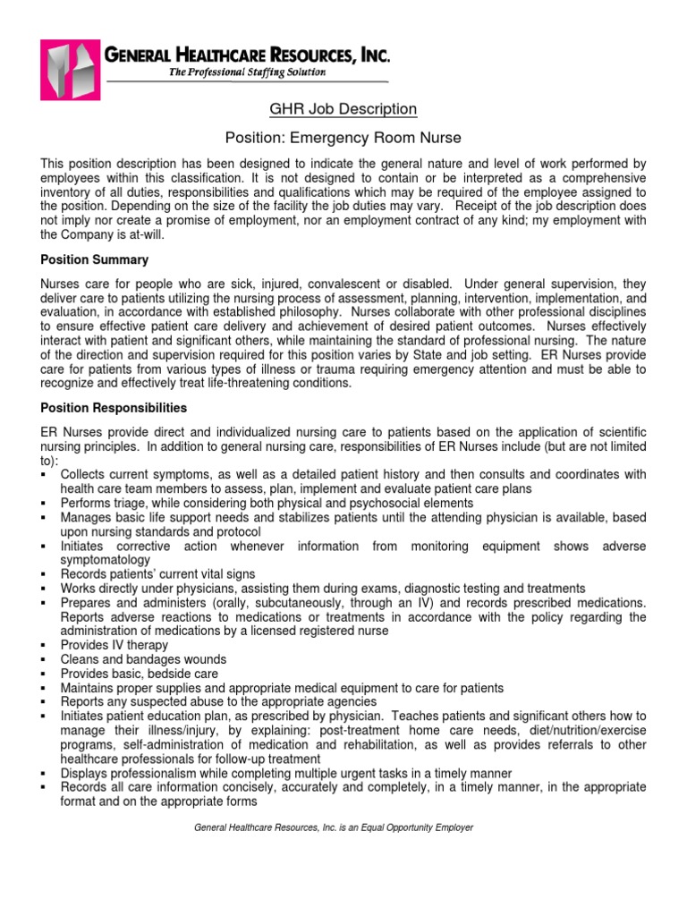 Emergency Room Nurse Job Description | PDF | Emergency Department | Nursing
