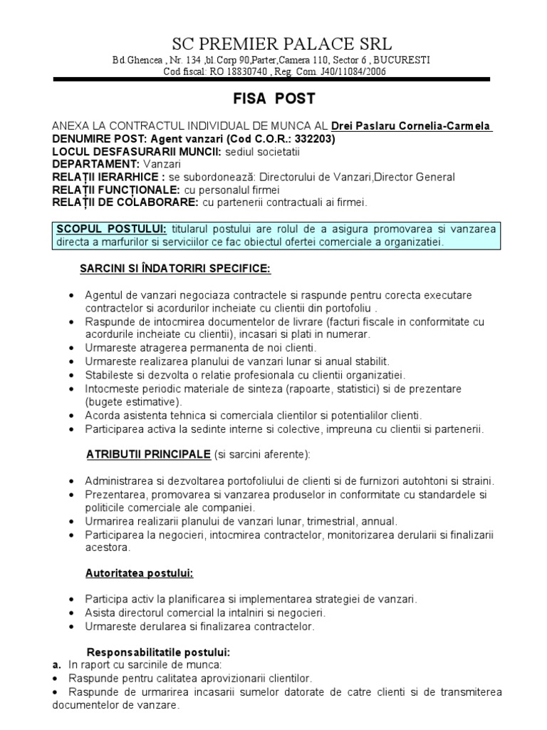 Fisa Post Agent Vanzari Premier