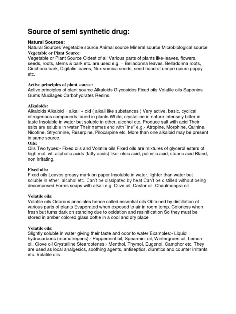 Semi-Synthetic Drug Sources | PDF | Alkaloid | Essential Oil