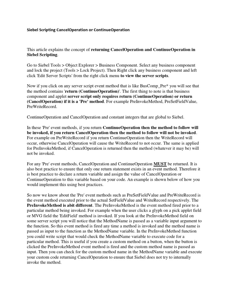 Siebel Scripting Canceloperation Or Continueoperation Pdf Scripting