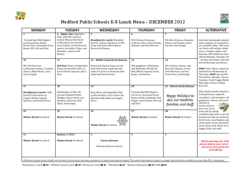 December 2012 K-8 Lunch Menu | PDF | Salad | Lunch