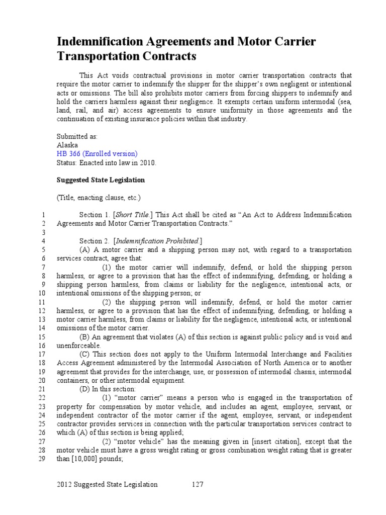 Indemnification Agreements and Motor Carrier Transportation Contracts - 2112 SSL Draft, The ...