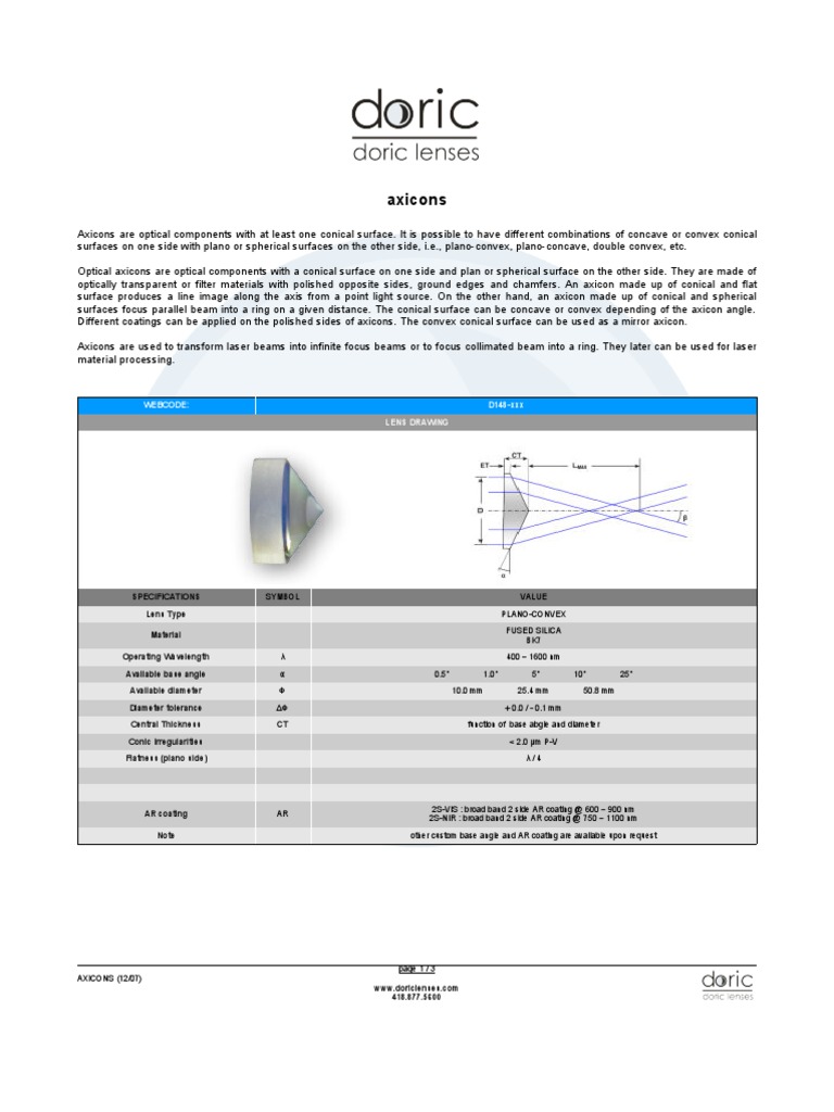 Axicons Doric | PDF | Lens (Optics) | Glass Applications