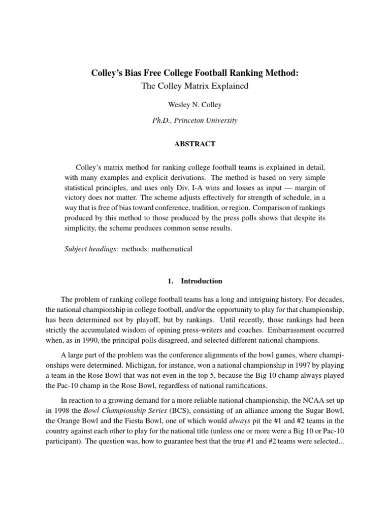 Colley Matrix: Bias-Free Football Rankings | PDF | Matrix (Mathematics ...