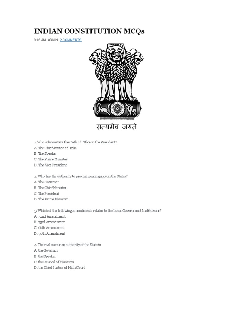 Indian Constitution Mcqs | PDF | Politics