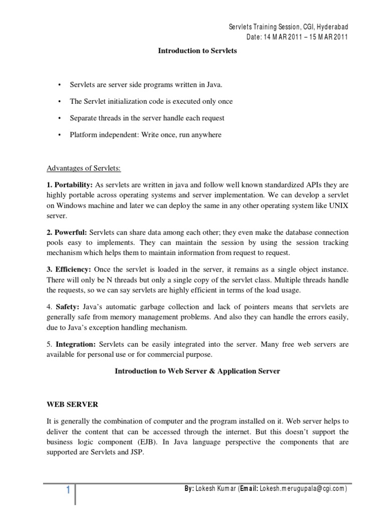 Servlets Training Session, CGI, Hyderabad Date: 14 MAR 2011 - 15 MAR ...