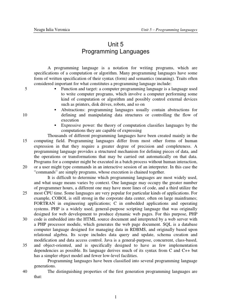 Unit 5 - Programming Languages PDF | PDF | Programming Language | C ...