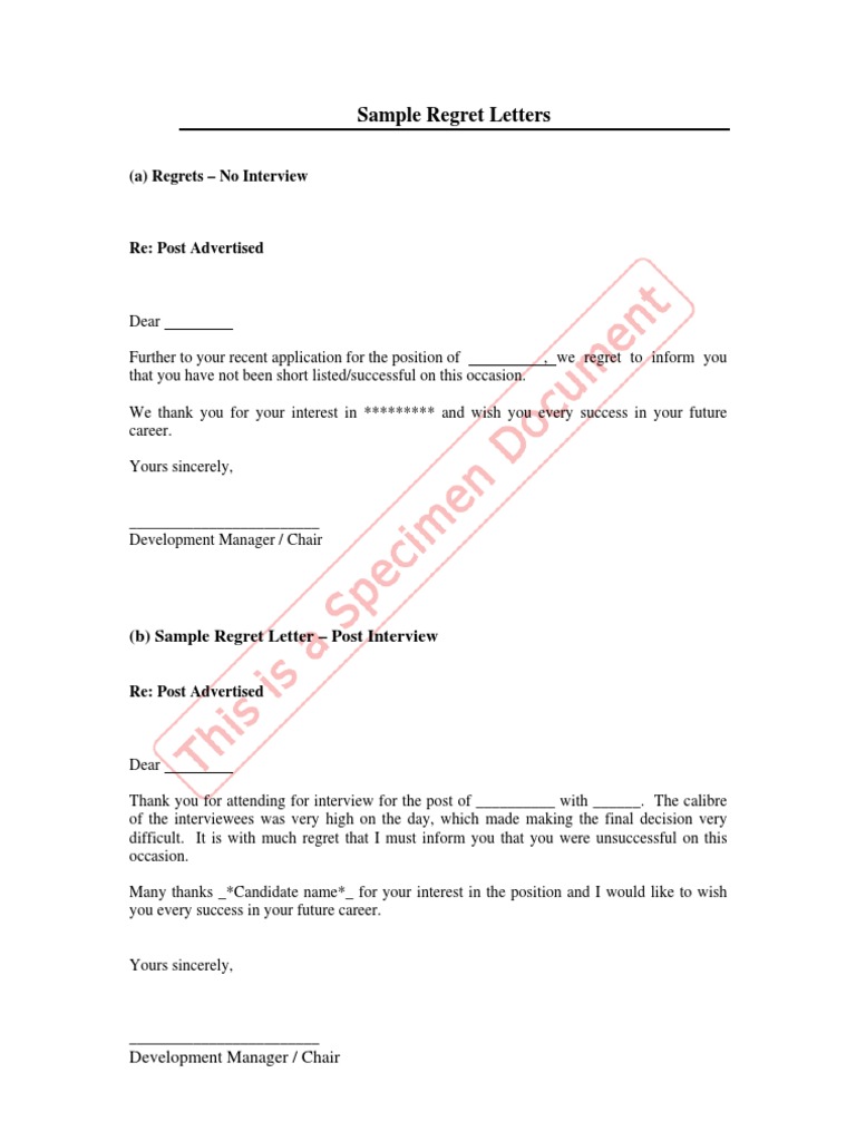 Sample Regret Letters: (A) Regrets - No Interview | PDF