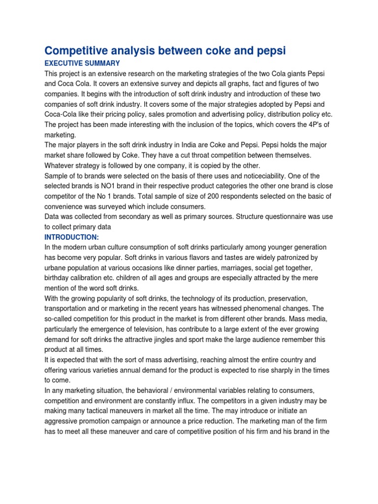 Competitive Analysis Between Coke and Pepsi | Pepsi Co | Coca Cola