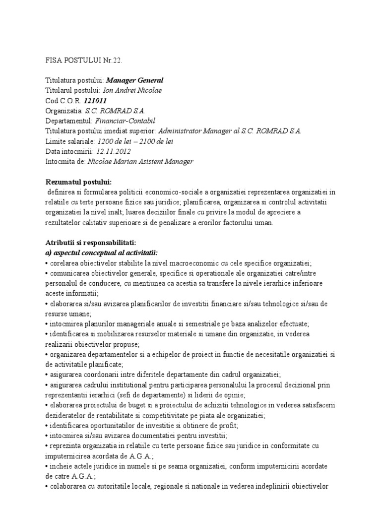 Fisa Post Manager General | PDF