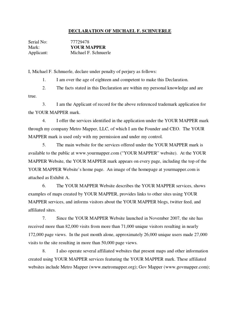 Sample Trademark Declaration in Support of Claim of Acquired ...