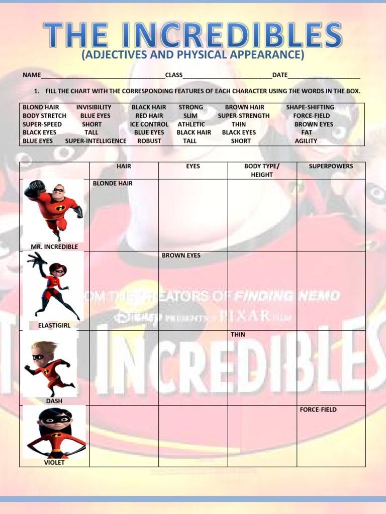 The Incredibles Character Worksheet | PDF | Science & Mathematics ...