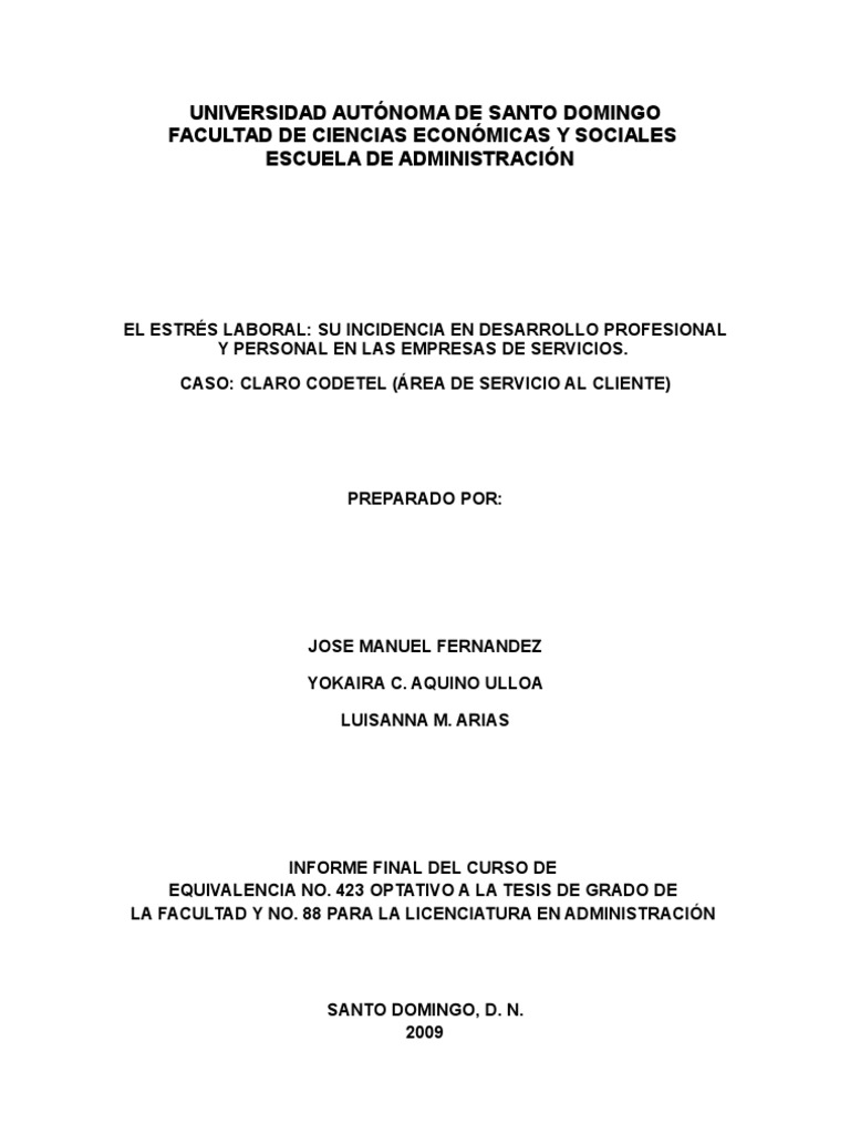Estrés Laboral en Claro Codetel | PDF | Estrés (biología) | Ansiedad