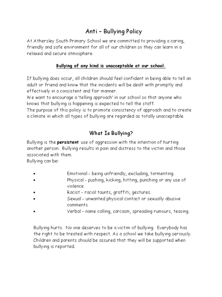 Anti Bullying Policy | PDF | Bullying | Behavioural Sciences