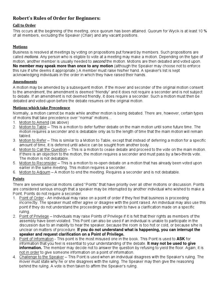 Roberts Rules Cheat Sheet Wycik | PDF | Meetings | Group Decision Making