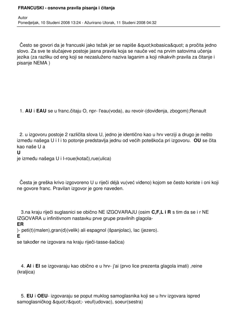 Francuski - Osnovna Pravila Pisanja I Citanja | PDF