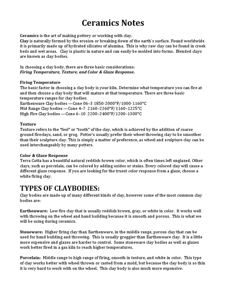 Ceramics Notes: Types of Claybodies | PDF | Pottery | Clay